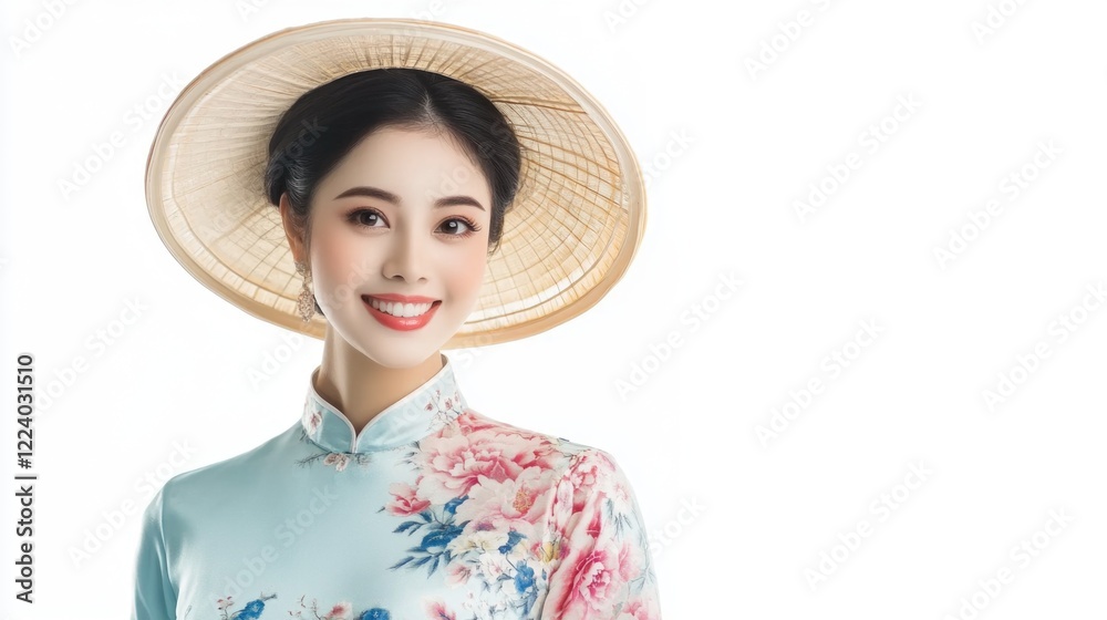 Vietnamese Woman in Traditional Ao Dai Dress with Floral Patterns and Conical Hat Smiling ...