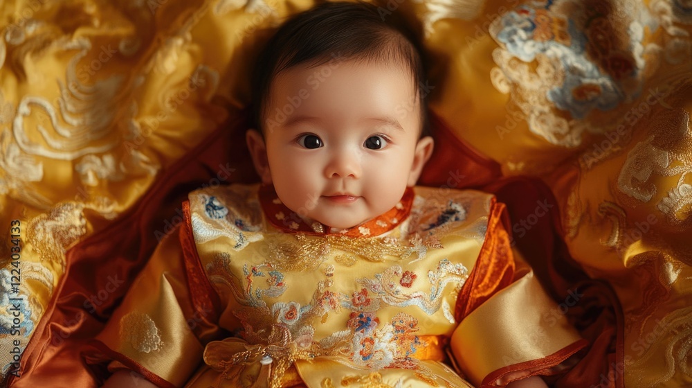 Cute 5-month-old Chinese baby in traditional yellow outfit smiling on ...