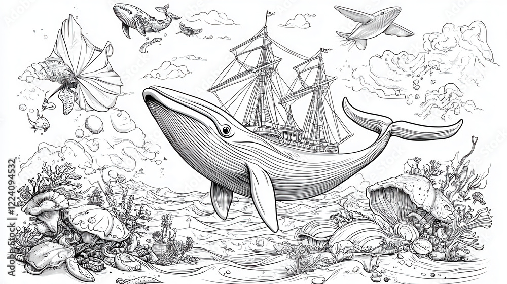 Coloring page for kids featuring whale, ship, and underwater scene with ...