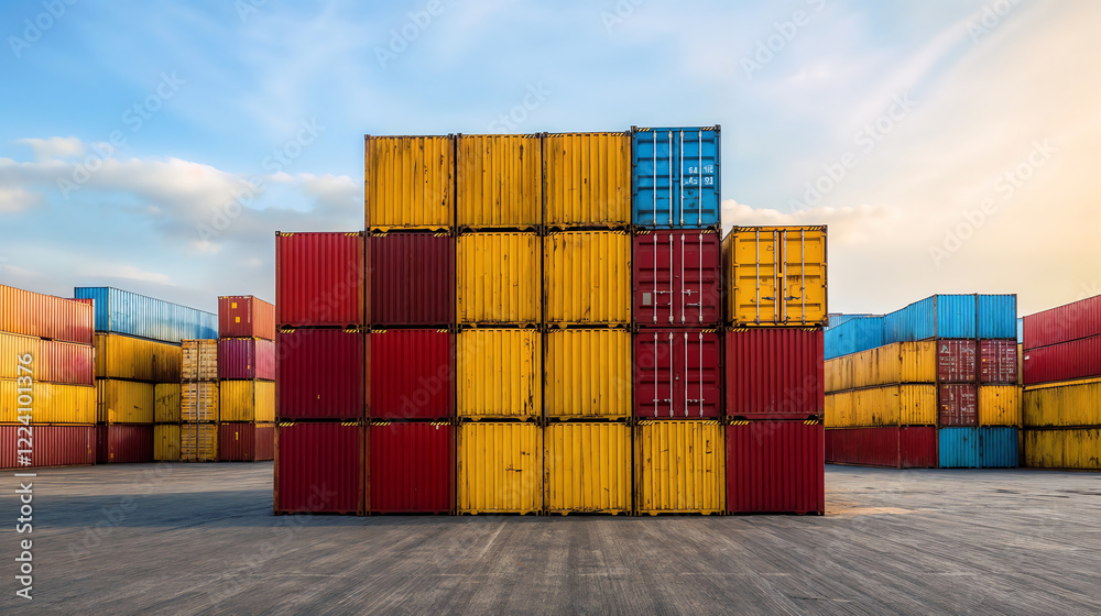 Colorful shipping containers stacked at port. Global trade and ...
