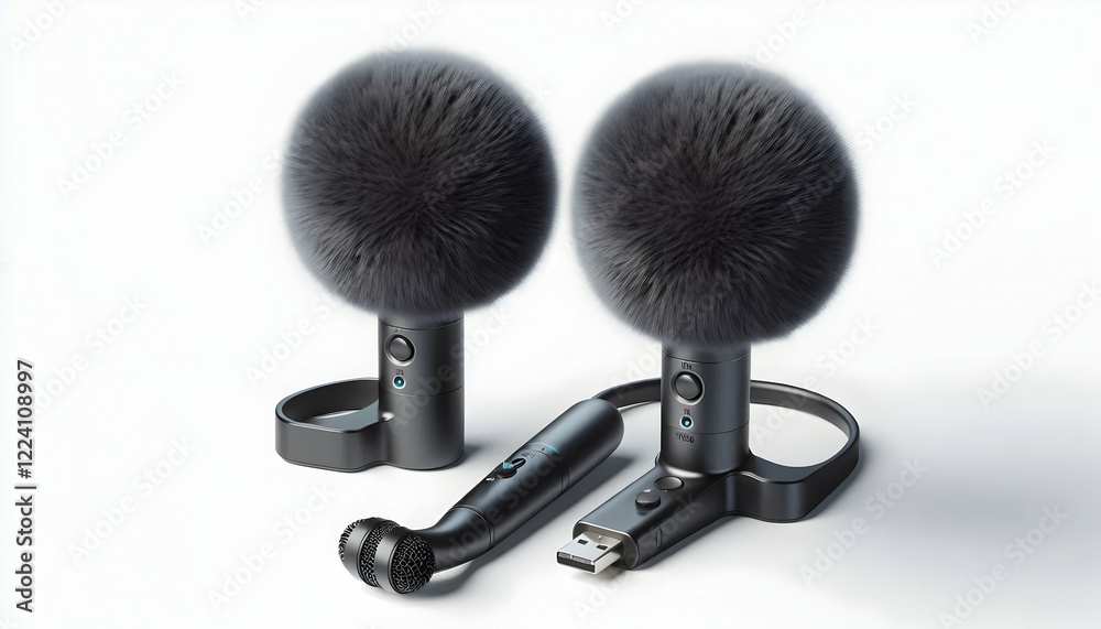 Gadget Wireless microphones with circular furry windshields and a ...