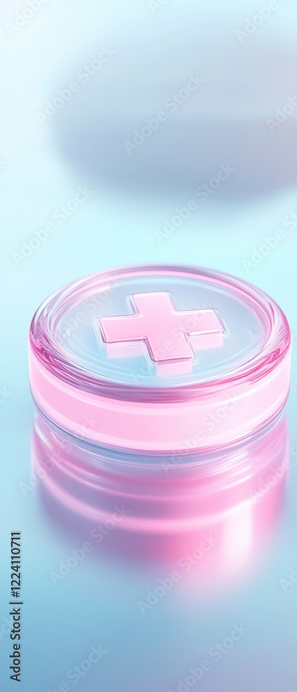 Medical Symbol: A glass object displaying a pink medical symbol. The ...