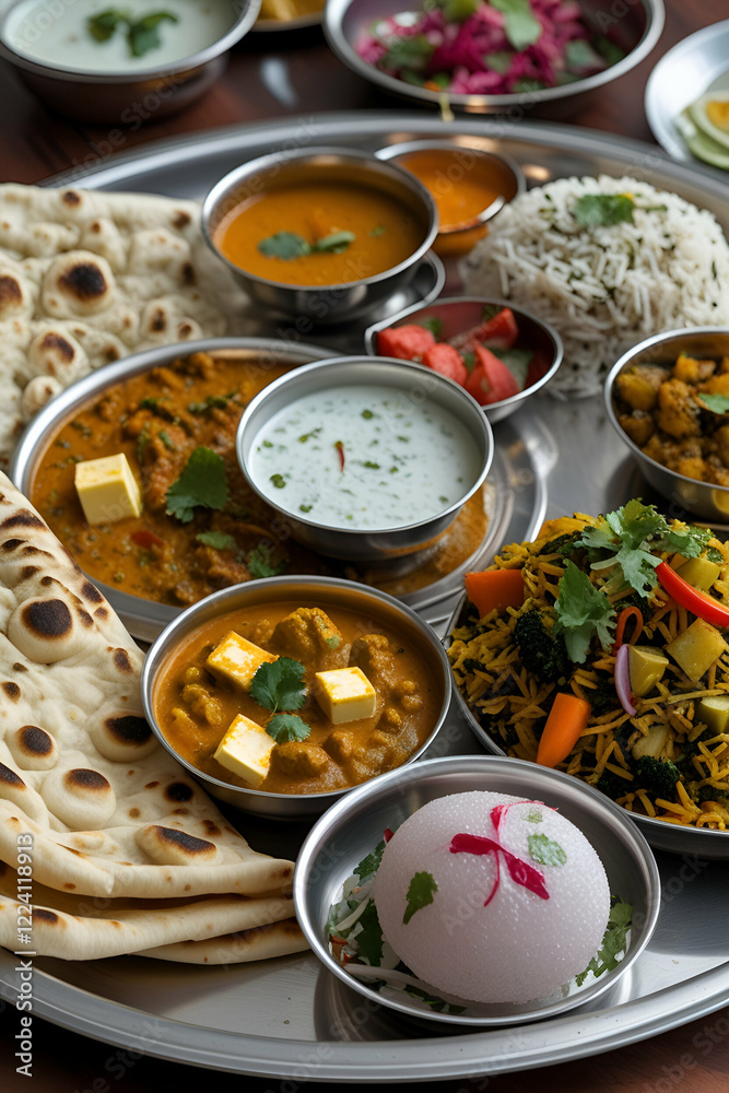 Ai-generated illustration of Indian thali plater paneer ,dal,rice, curd ...