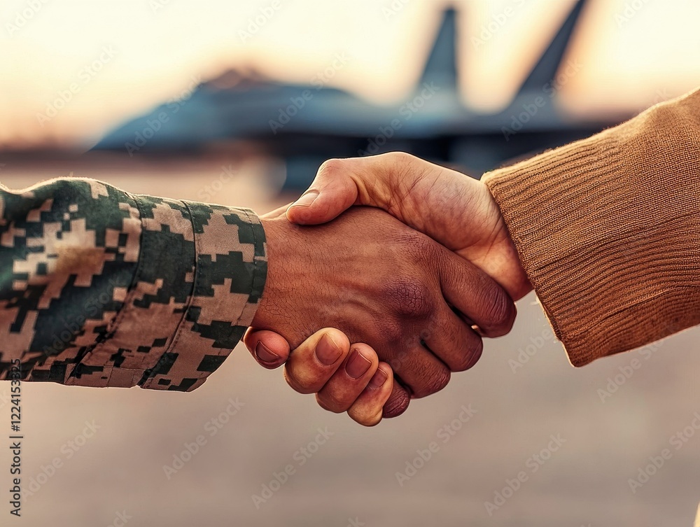 Military base handshake between service members and civilians fighter ...