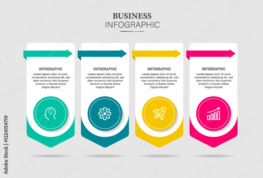 Concept of arrow business model with 4 successive steps. 4 colorful ...