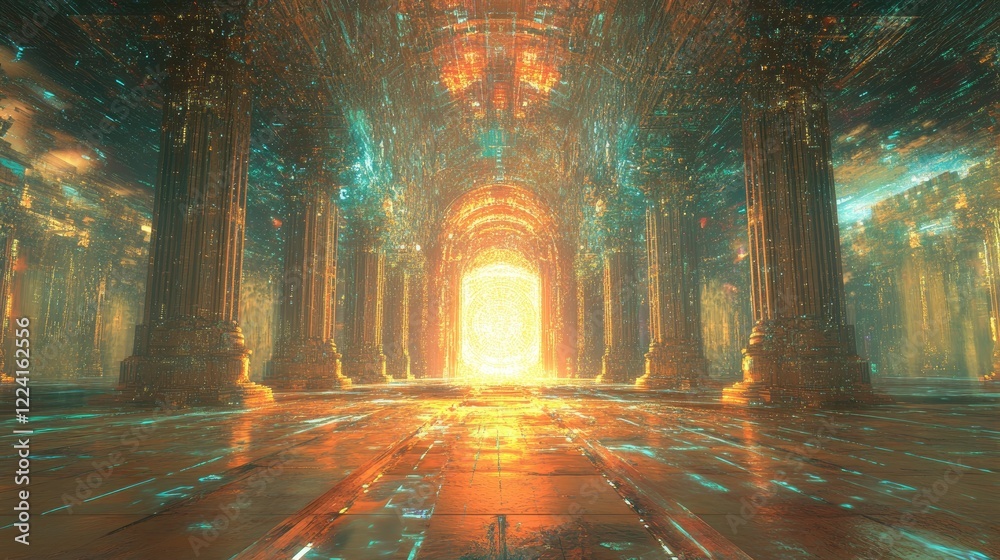 High-tech virtual space with matrix code streaming across the digital ...