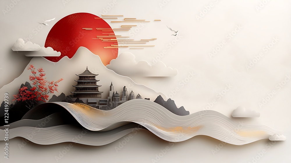 Cinematic, ultra-detailed Chinese design with auspicious wave patterns ...