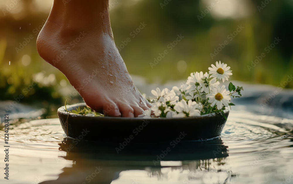 Soothing foot soak in bowl of warm water surrounded by flowers ...