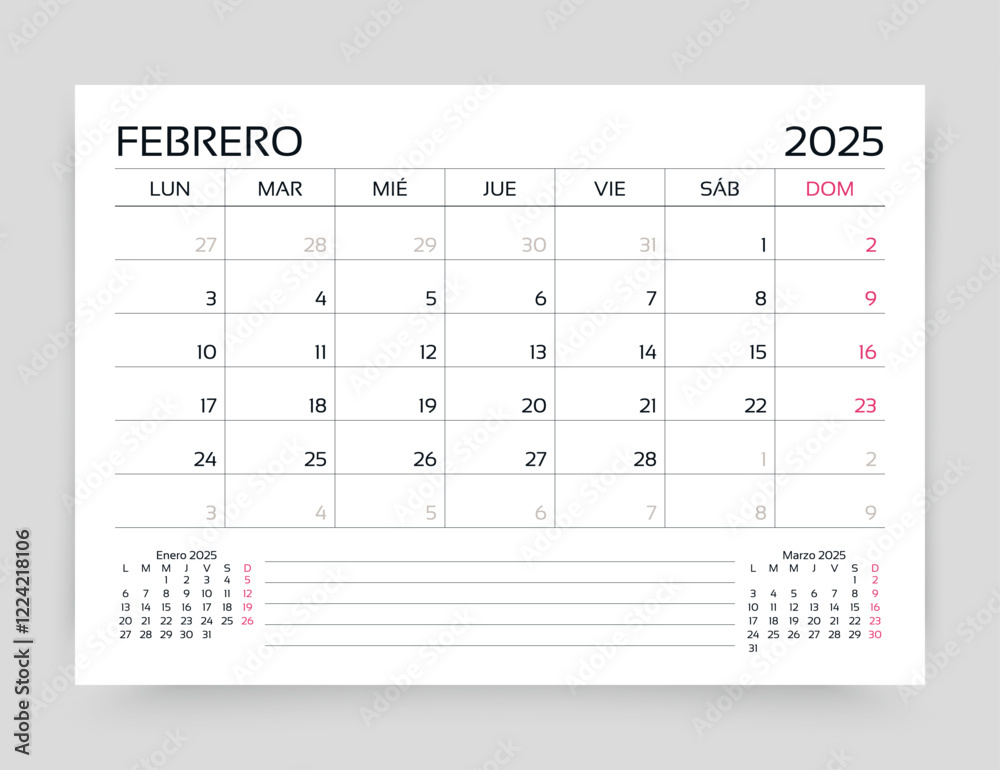 Stock-Vektorgrafik „February 2025 year Spanish calendar. Planner calender layout. Spain monthly ...