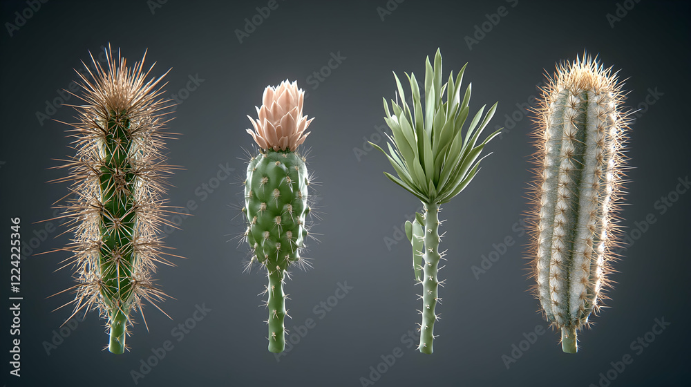 Four cactus plants, growth stages, desert background, botanical ...