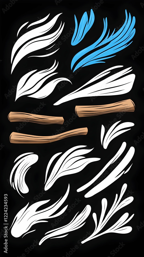 White and blue stylized wind, wave, and wood elements on black ...