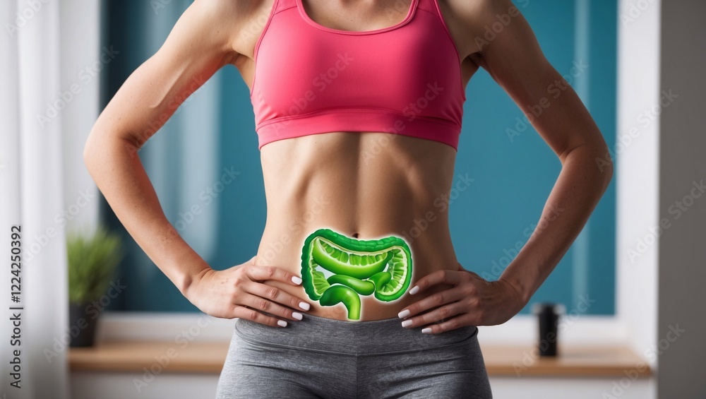 Woman holding her flat belly with a 3d render image of healthy gut ...