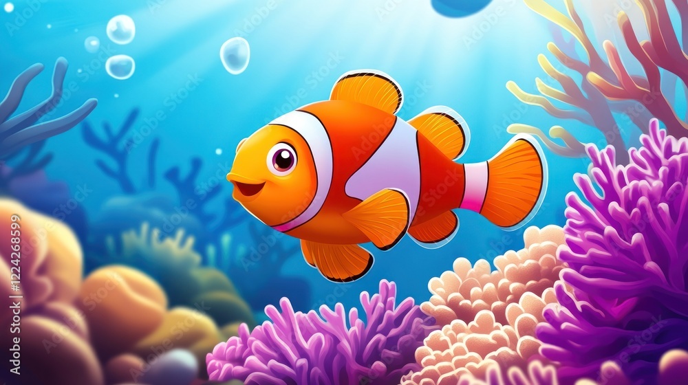 Happy clownfish swims coral reef, ocean background, children's book ...