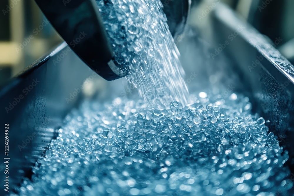 Clear plastic pellets pour into a bin. Illustrates industrial ...