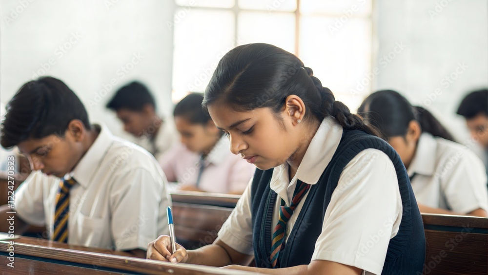 Indian students sitting in rows in an exam hall, concentrating on their ...