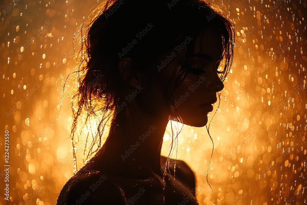 Athletic Blonde Woman in Translucent Bodysuit Posing with Handcuffs Under Falling Water Drops ...