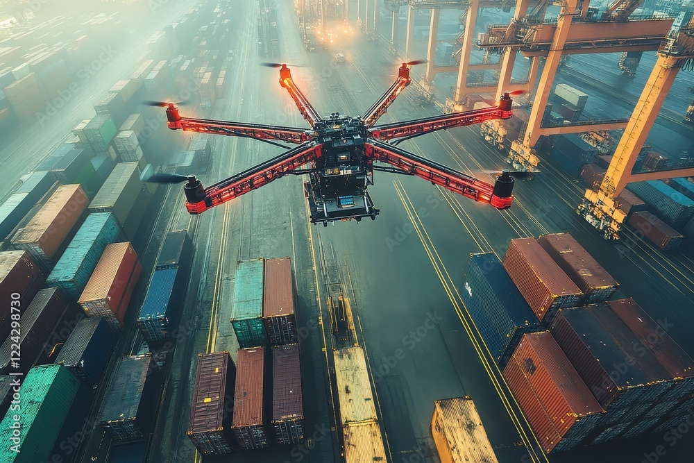 Drone surveying cargo containers at a busy port. Illustrates modern ...