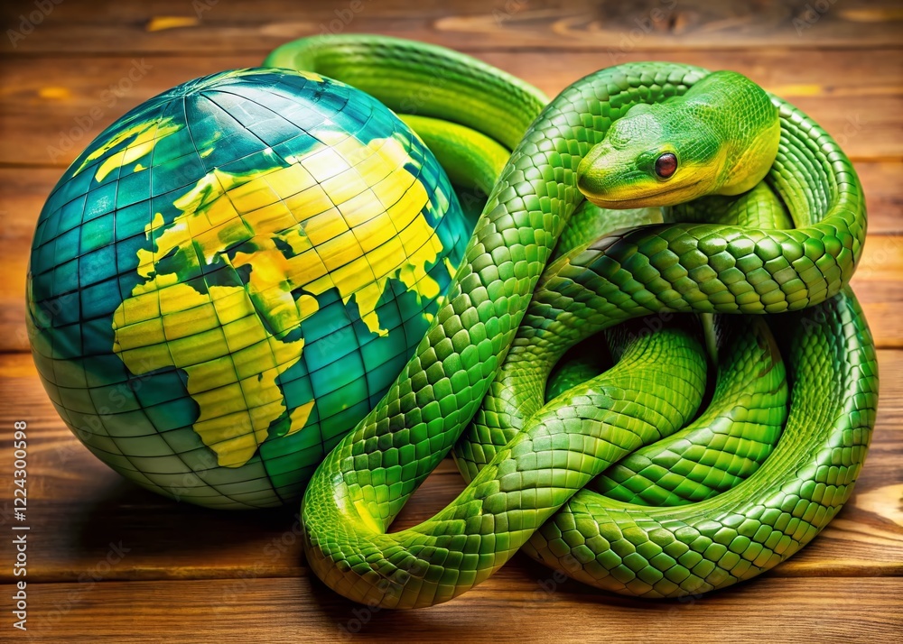 2025 Global Awareness: Wooden Snake Coiling Around Earth Globe Stock ...