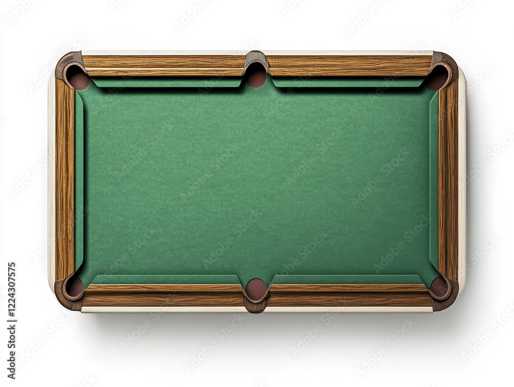 Overhead view of empty pool table with green felt and wooden frame ...