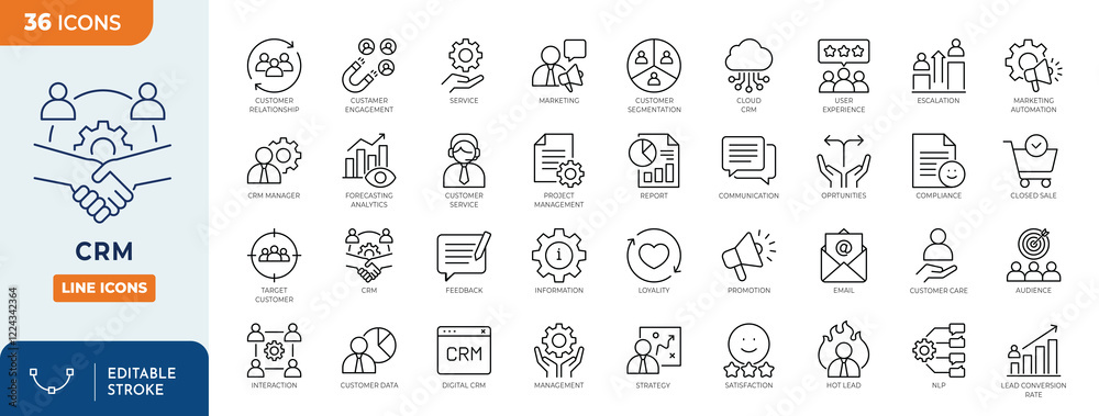 Customer Relationship Management Icon set. CRM icon set. Containing ...