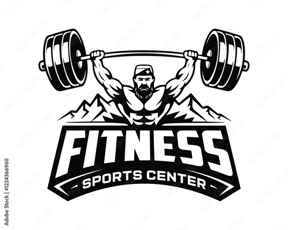 Powerlifting gym logo, bold fitness sports center emblem with strongman ...