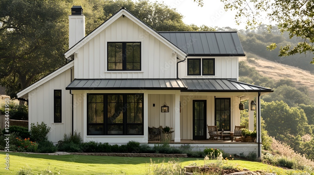 A modern farmhouse with white board-and-batten siding, black window ...
