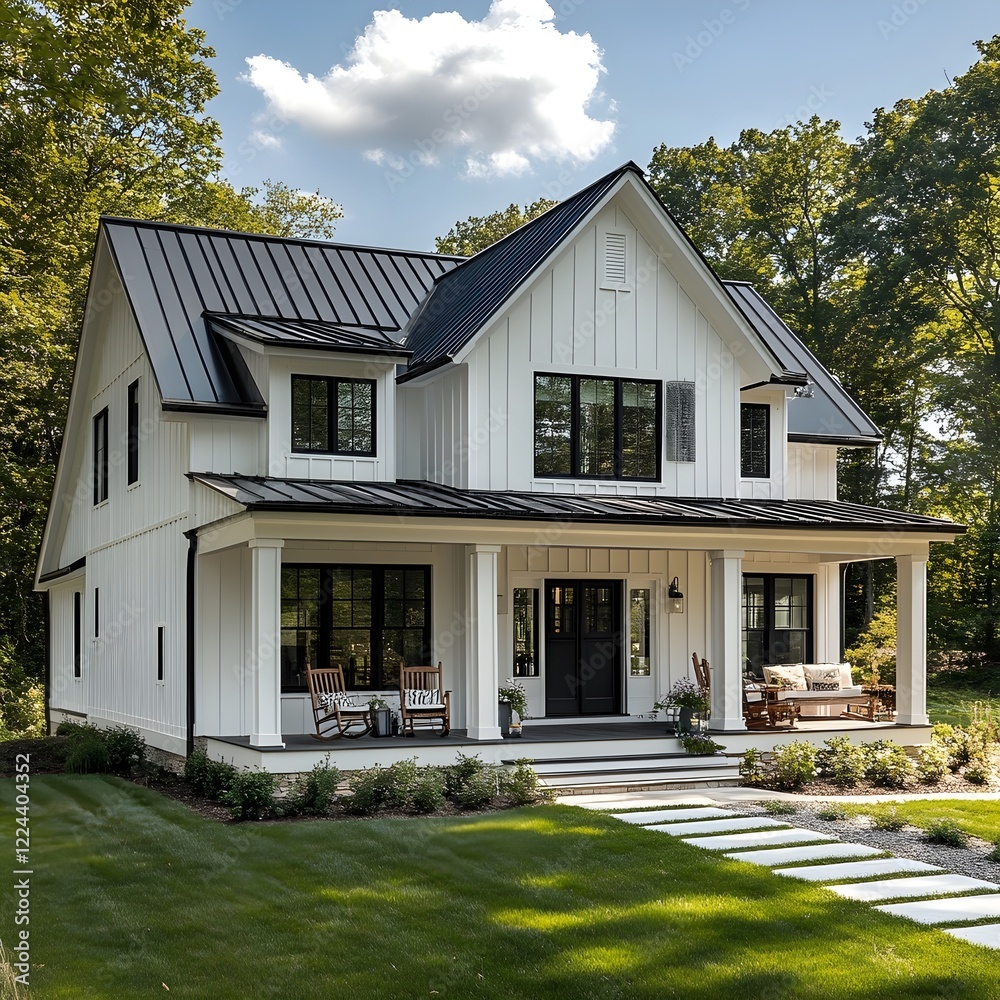 A modern farmhouse with white board-and-batten siding, black window ...
