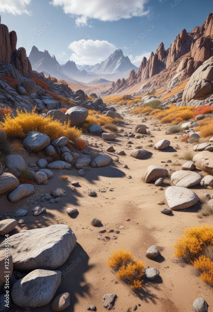 Mottled terrain with scattered rocks and twigs, landform elements ...