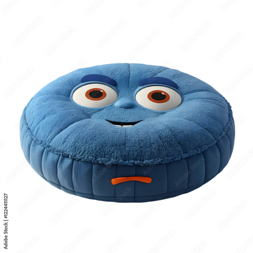 Round plush blue ottoman with cartoon eyes and a simple smiling mouth ...