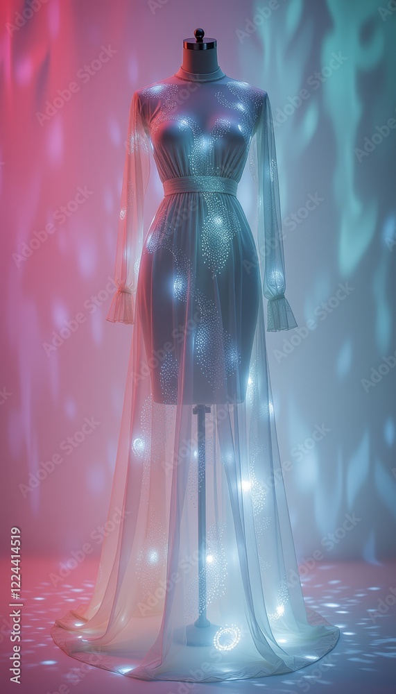Sheer illuminated gown on mannequin with gradient lighting backdrop ...