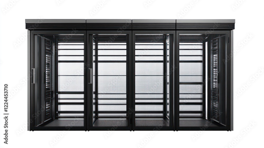 Secure server rack enclosure, data center, open doors, white background ...