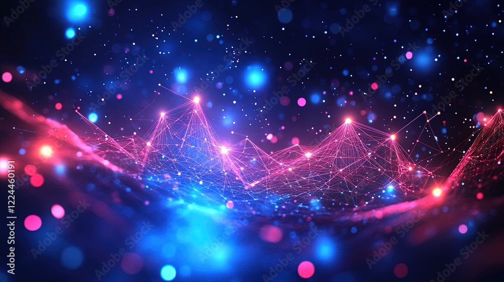 Abstract line chart with glowing lines, bright peaks and valleys, and ...