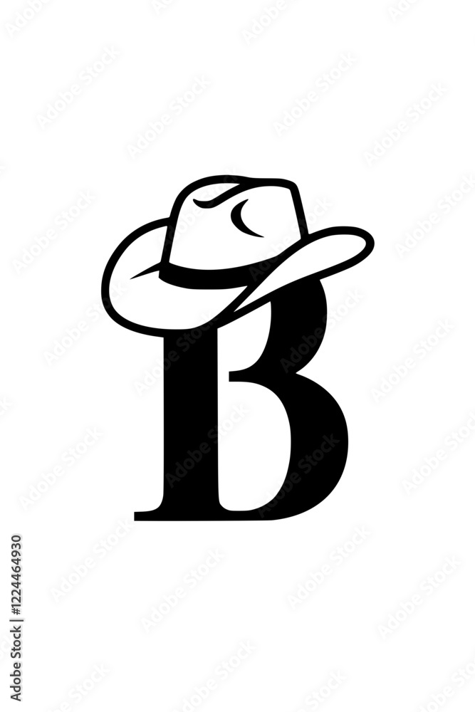 Letter B with Cowboy Hat Silhouette, Stylized black and white design ...
