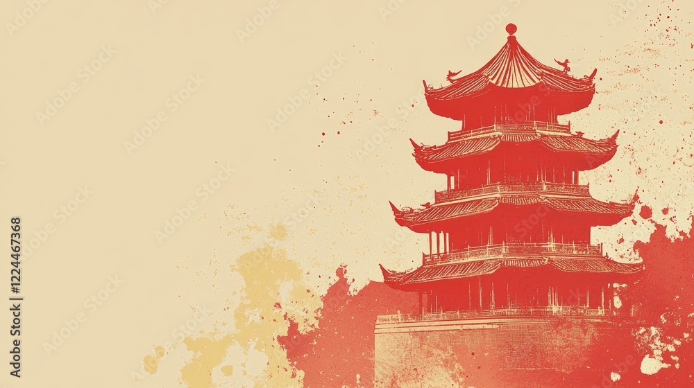 Minimalist red and gold design featuring a stylized Chinese temple ...