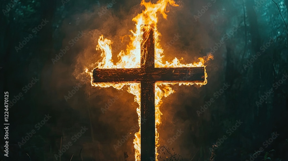 A cinematic low-angle shot of a wooden cross set alight, flames ...