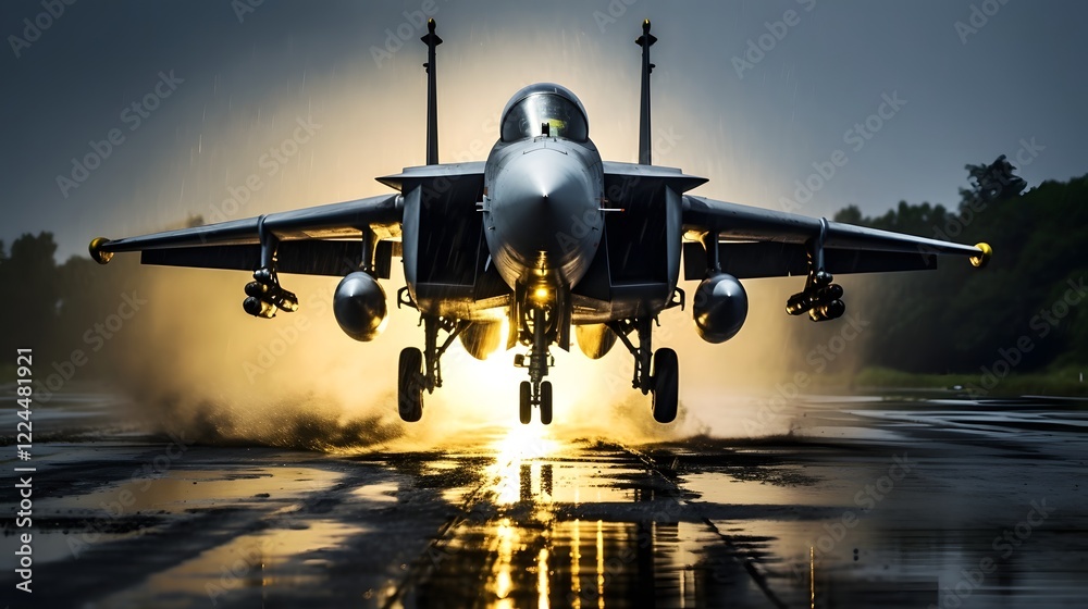 Powerful military fighter jet landing on a wet runway creating a splash ...