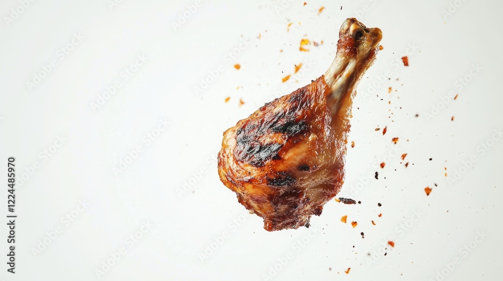 83.A dynamic image of a grilled chicken leg suspended in mid-air, its ...