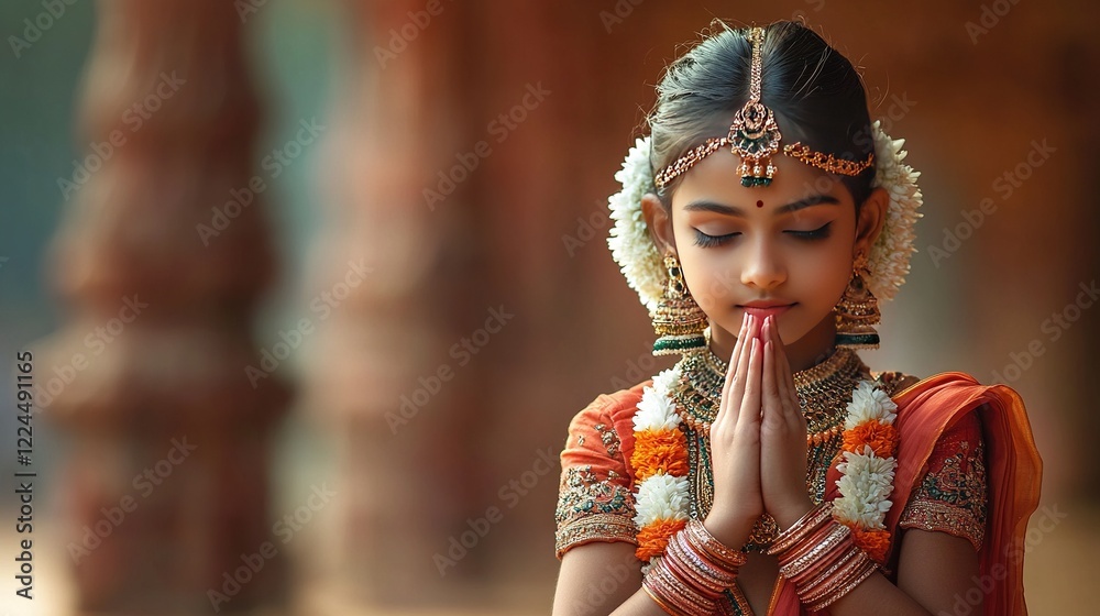 Indian girl praying temple background, culture Stock Photo | Adobe Stock