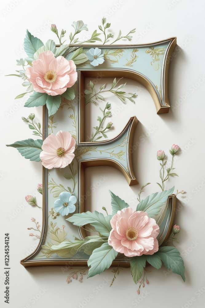 Floral alphabet. Letters E with flowers decoration. Botanic ...