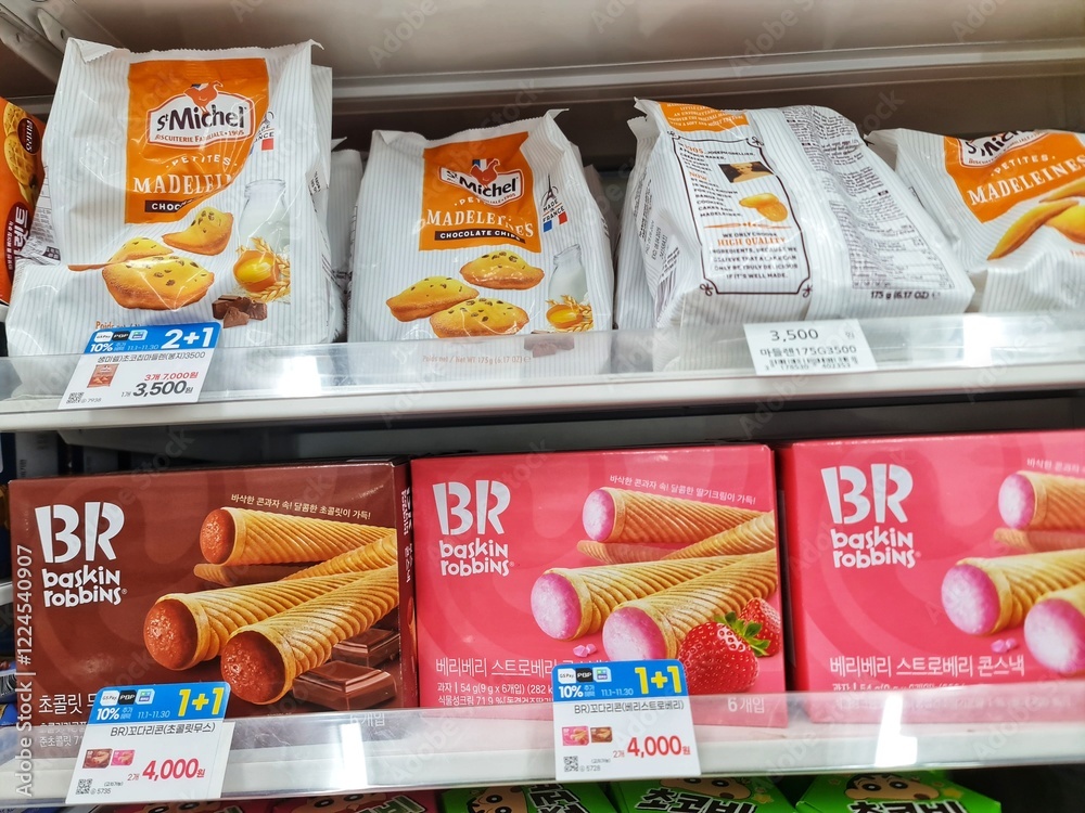Seoul, South Korea on 7 Nov 2024. Baskin-Robbins and Michel Madeleines ...