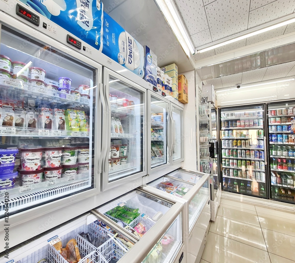 Seoul, South Korea on 7 Nov 2024. Hongdae. Refrigerated Convenience Store Aisles Clean, Bright ...