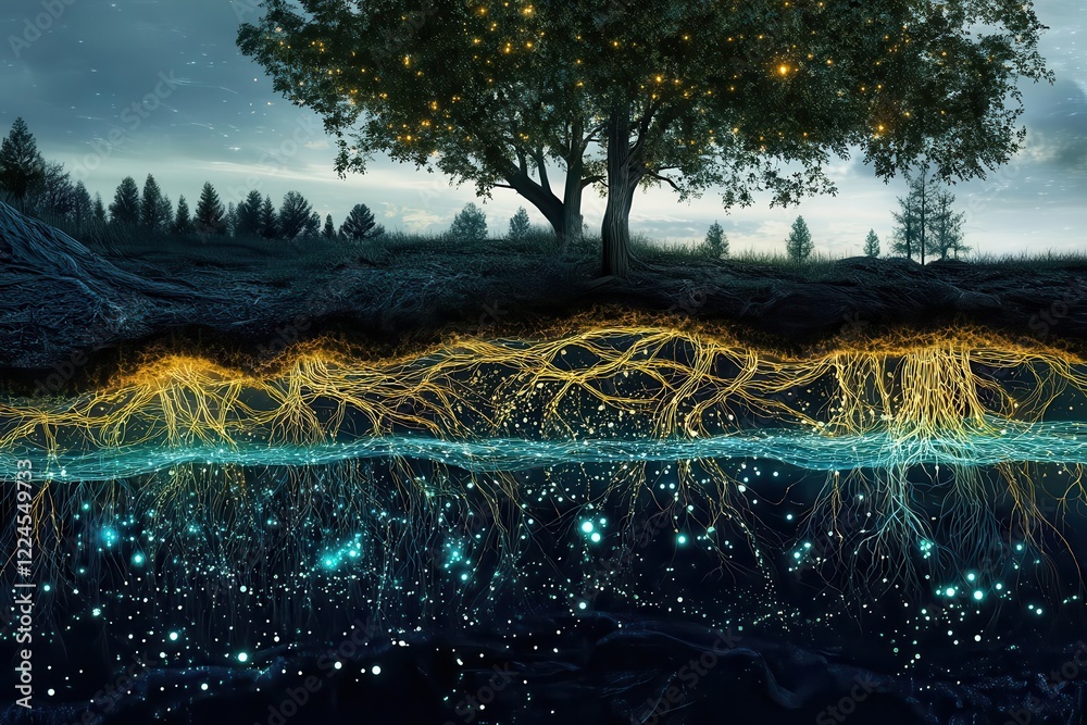 layered ecosystem illustration showing underground fungal networks ...