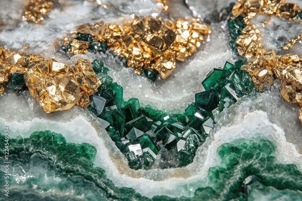 liquid gold and deep emerald crystalline formations intertwining in a ...