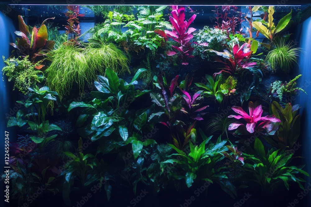 living wall ecosystem featuring cascading tropical plants, integrated ...