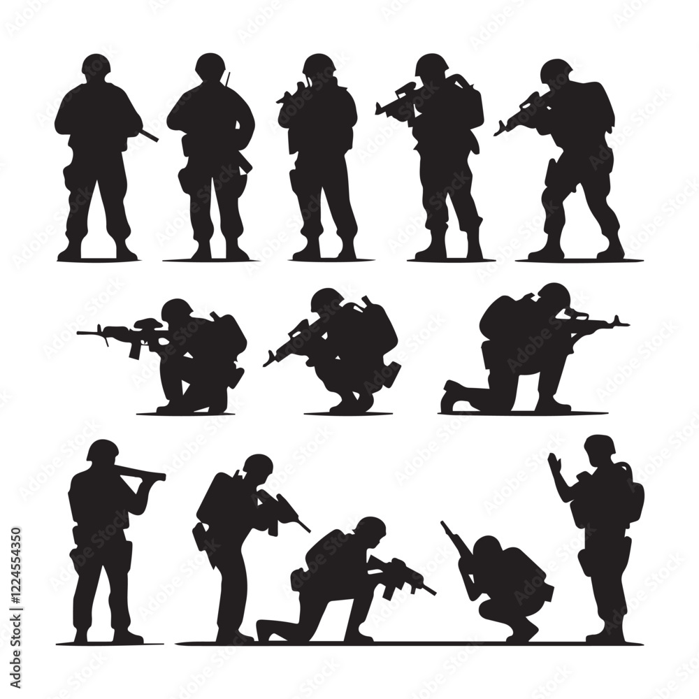 Male soldier silhouette. military special groupe silhouette bundle ...