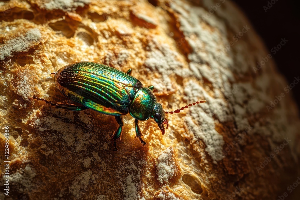 macro photograph of iridescent beetle exploring ancient grain, dramatic ...