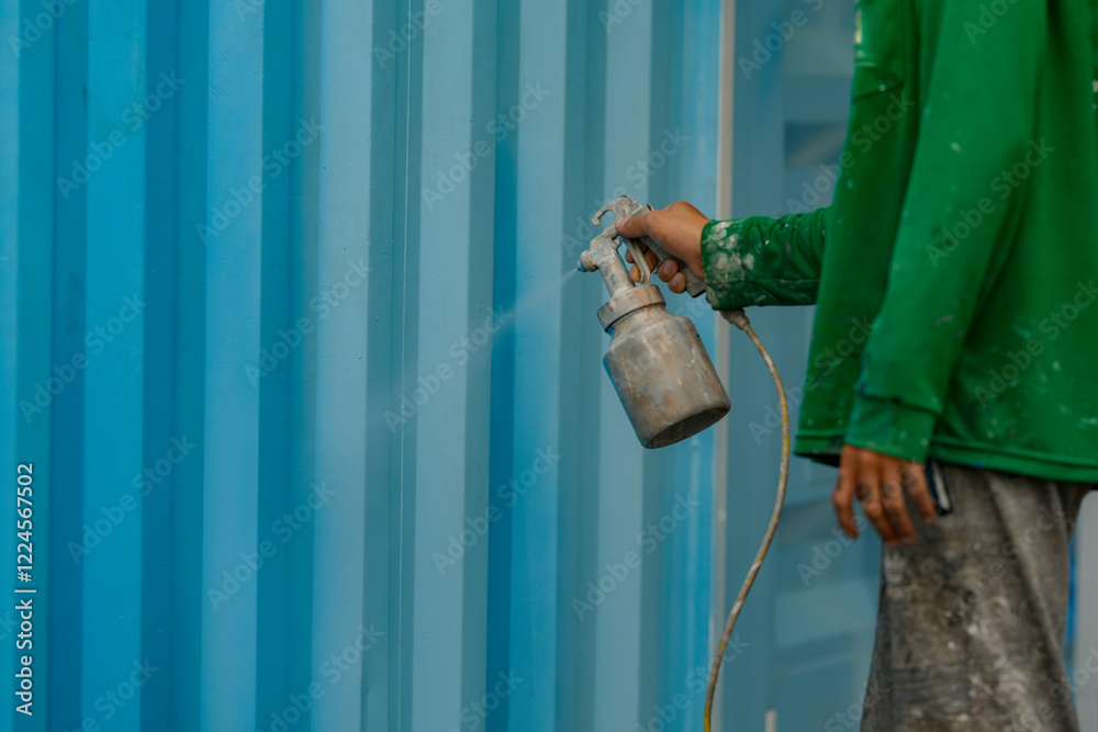 Workers spray airless paint to prevent rust and corrosion. Stock Photo ...