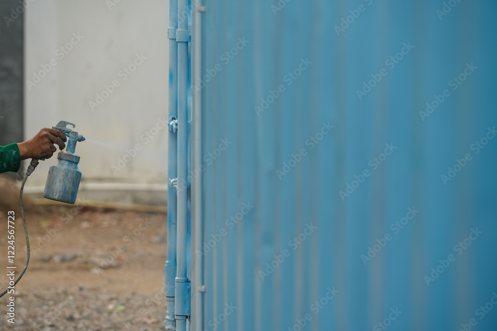 Workers spray airless paint to prevent rust and corrosion. Stock Photo ...