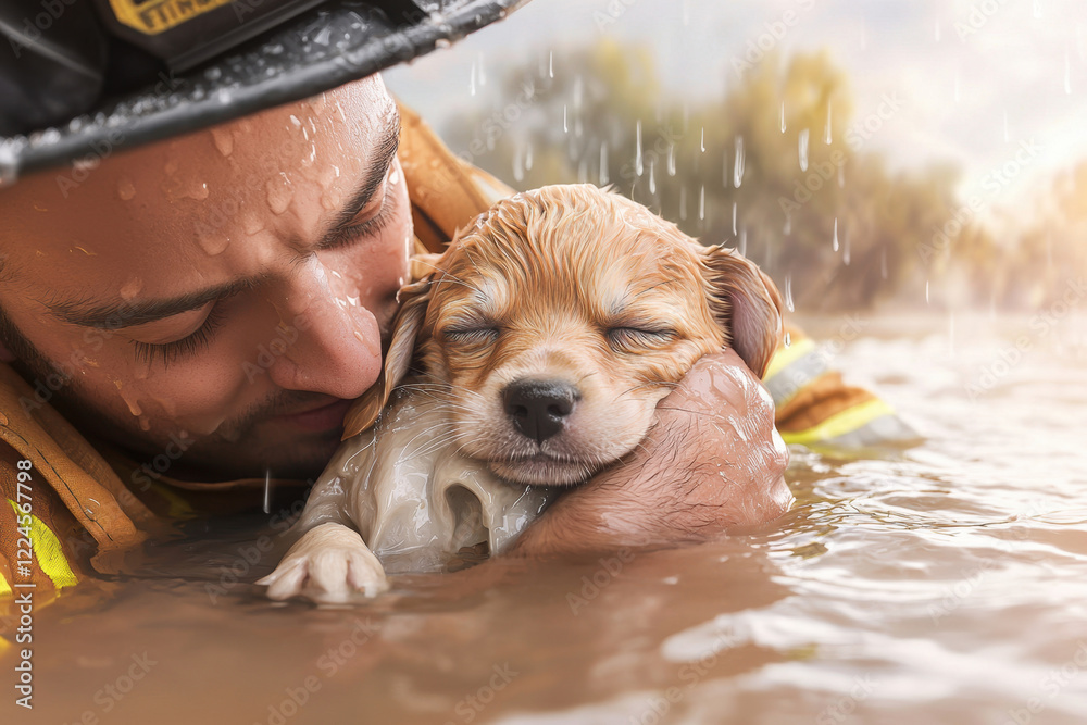 Compassionate Animal Rescue concept. A firefighter rescues a puppy from ...