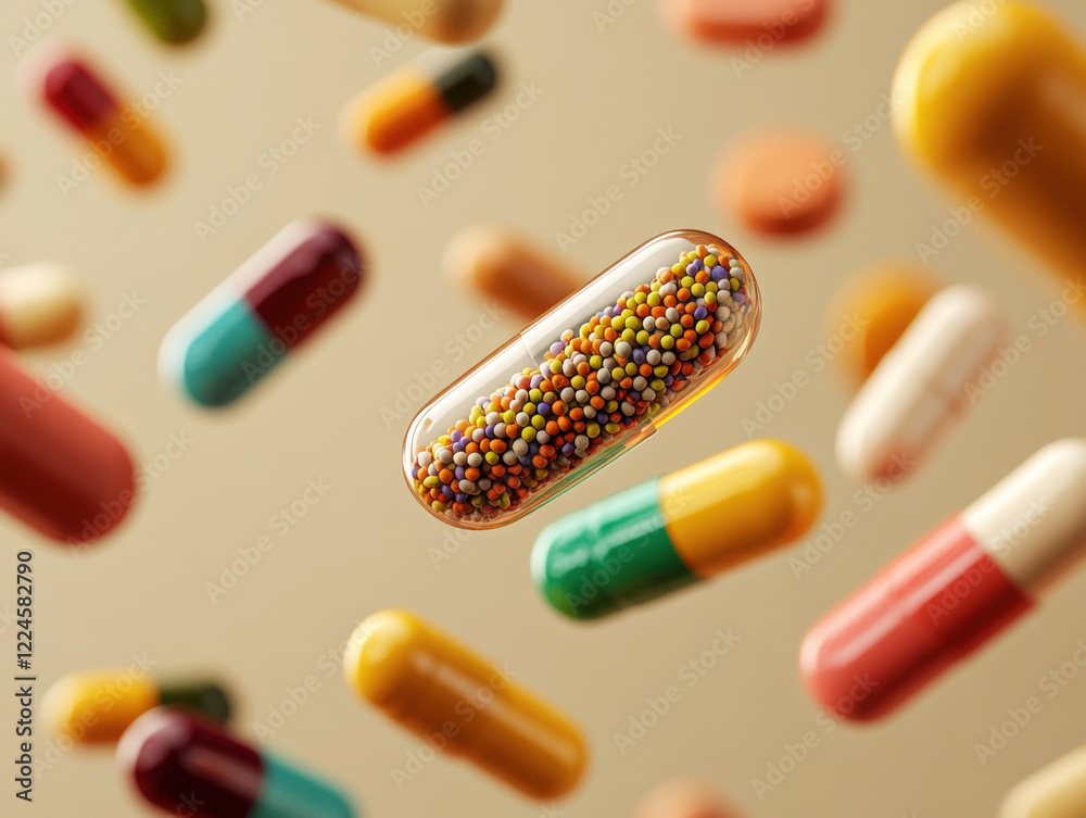 Colorful capsules and pills float against a neutral background ...